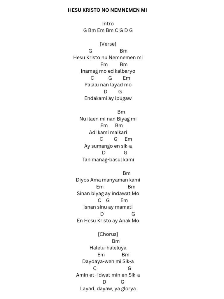 (Intro) D F#M BM F#M G D A D (Verse) D F#M Hesu Kristo Nu Semsemken Mi ...