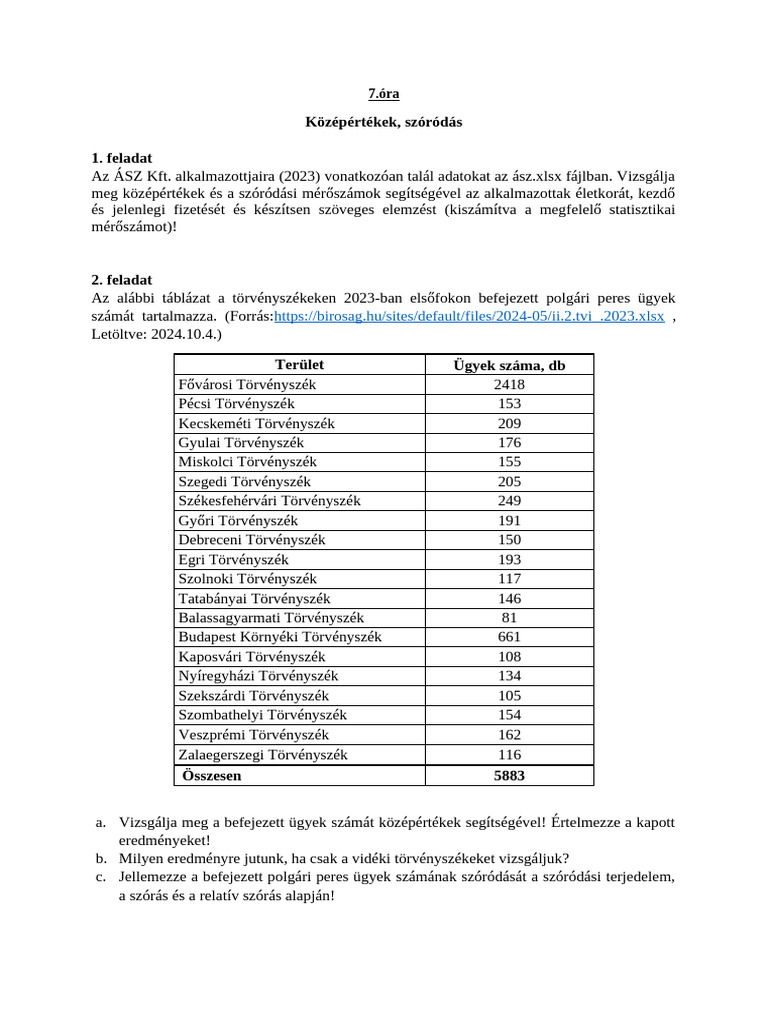 7.gyakorlat - Középértékek, szóródás (1) | PDF
