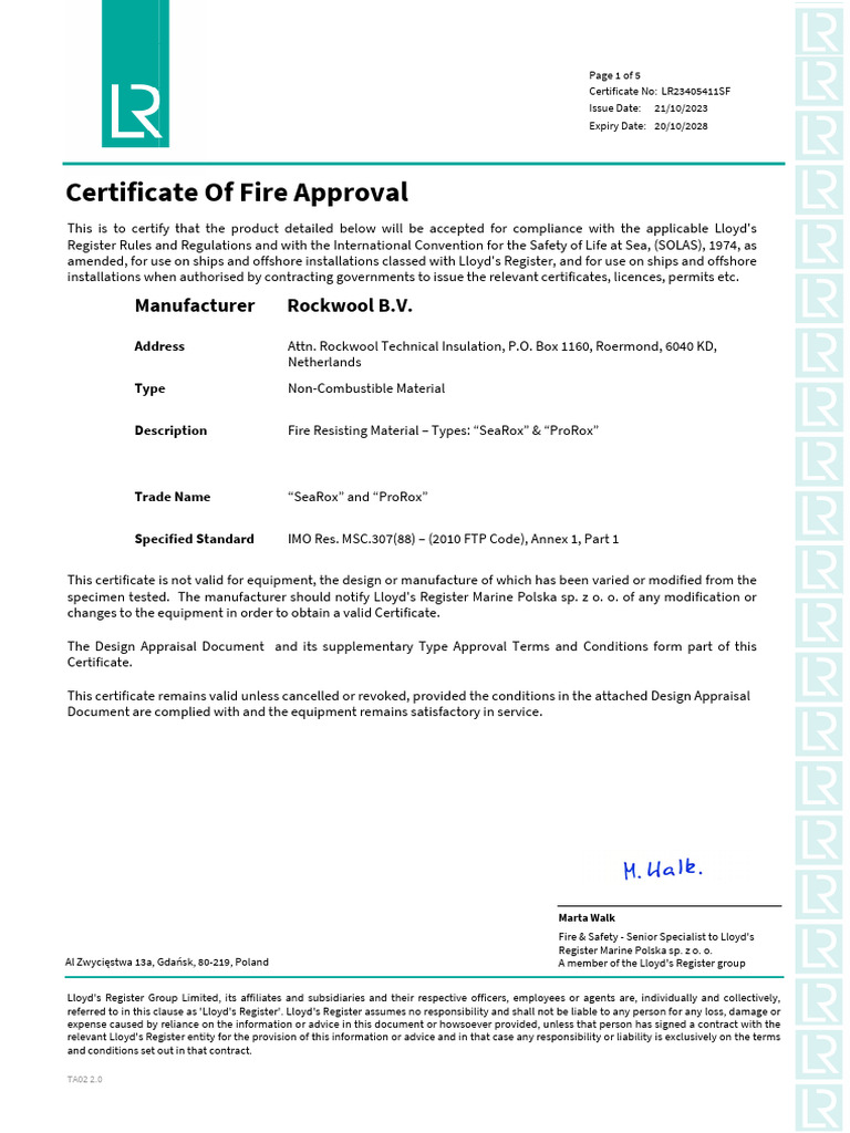 Rti Certificate LR Searox Non-Combustible | PDF | Legal Liability | Contractual Term