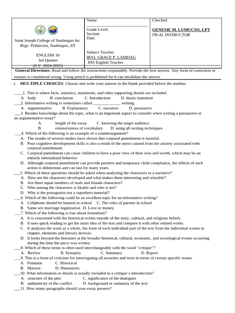Test Questionnaires Iryl | PDF | Essays | Argument