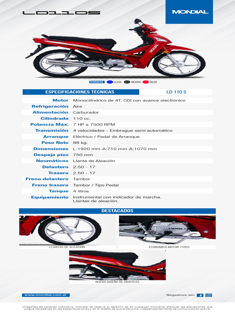 Ficha tecnica mondial ld 110 at s | PDF
