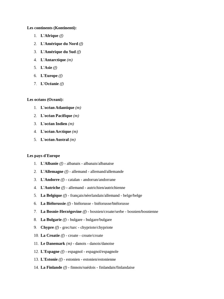 Liste des continents, océans et pays | PDF | États-Unis | Kosovo