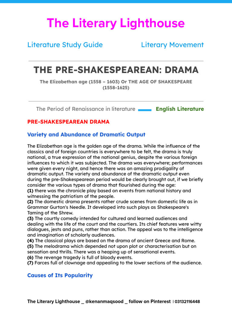 The Pre Shakespearean: Drama The Literary Lighthouse | PDF | William ...