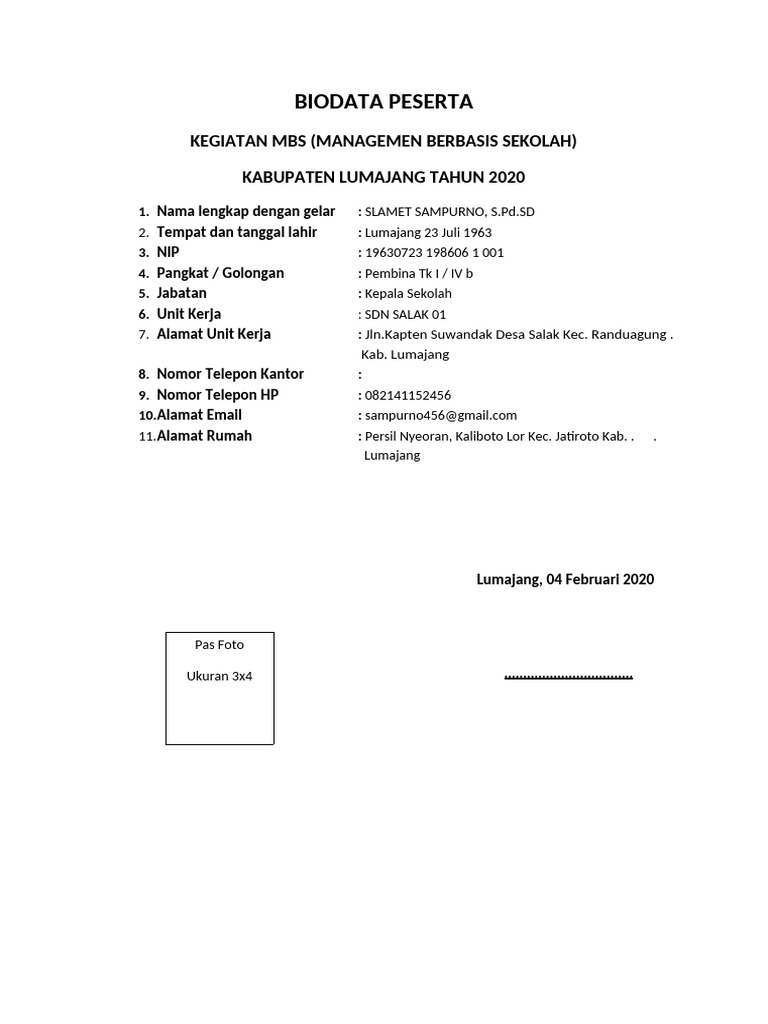 Biodata Peserta p.slamet | PDF