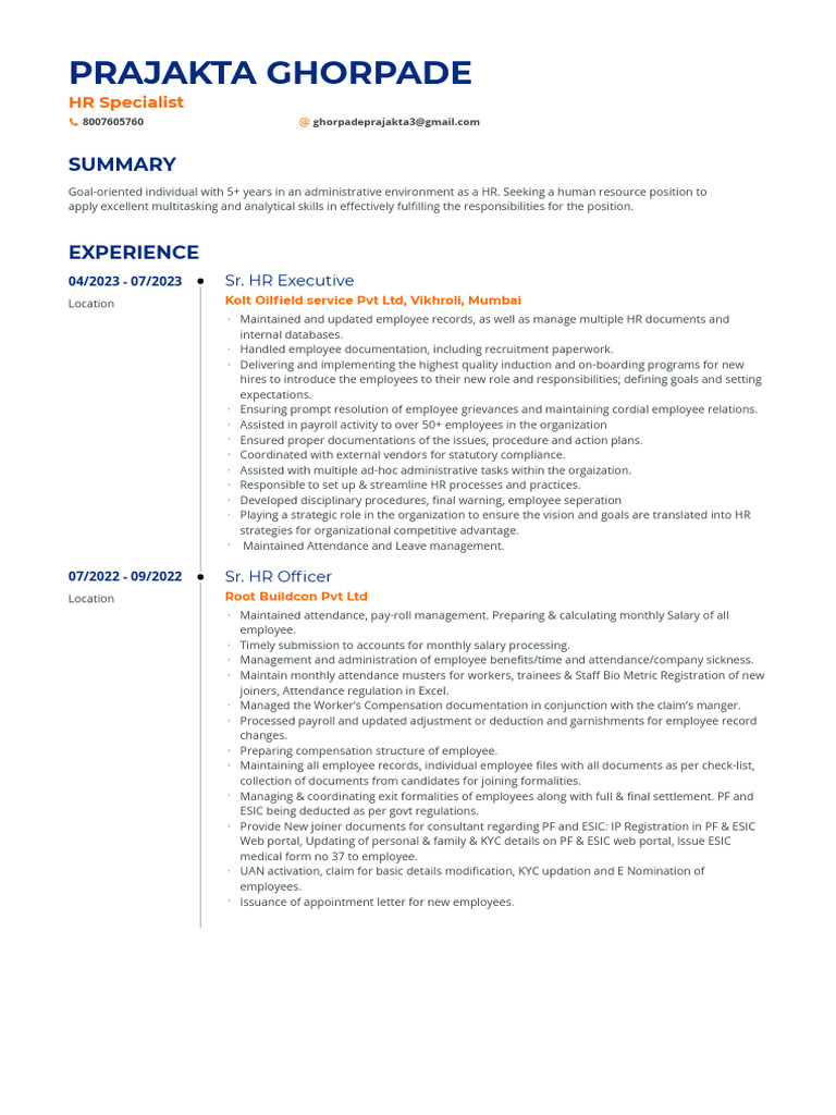 Prajakta Resume | PDF | Human Resources | Payroll