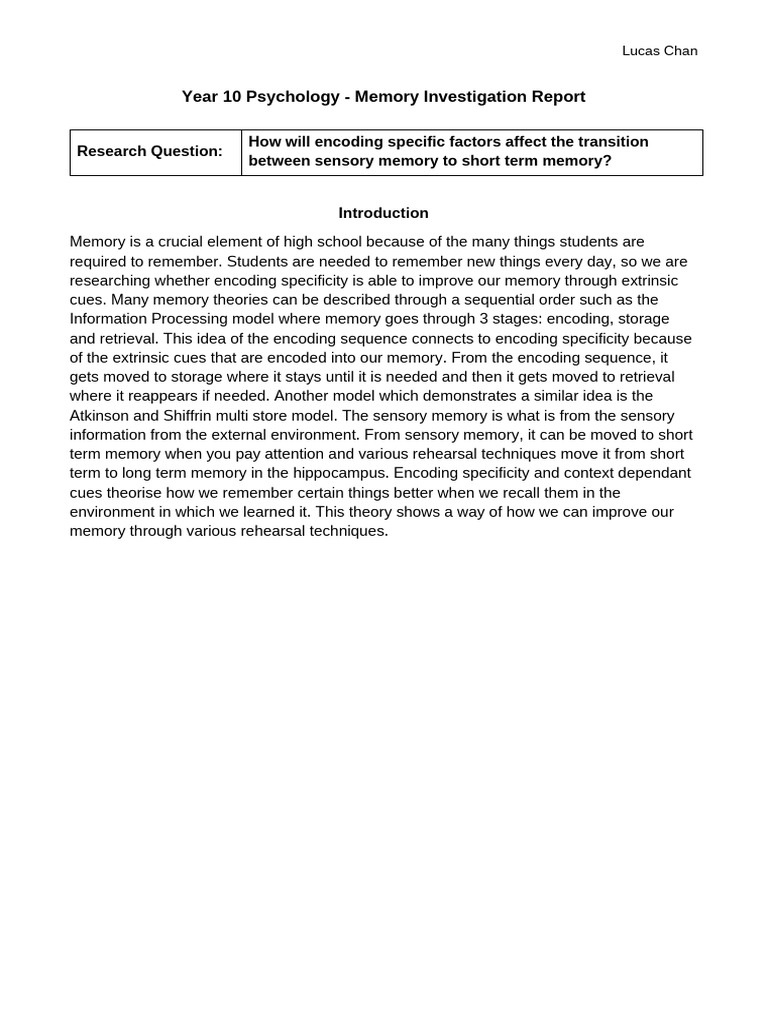 Memory Investigation - Context Dependant Cues - Lucas | PDF | Memory ...