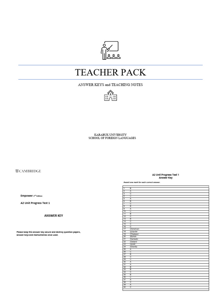 A2 Unit Progress Test Answer Keys | PDF