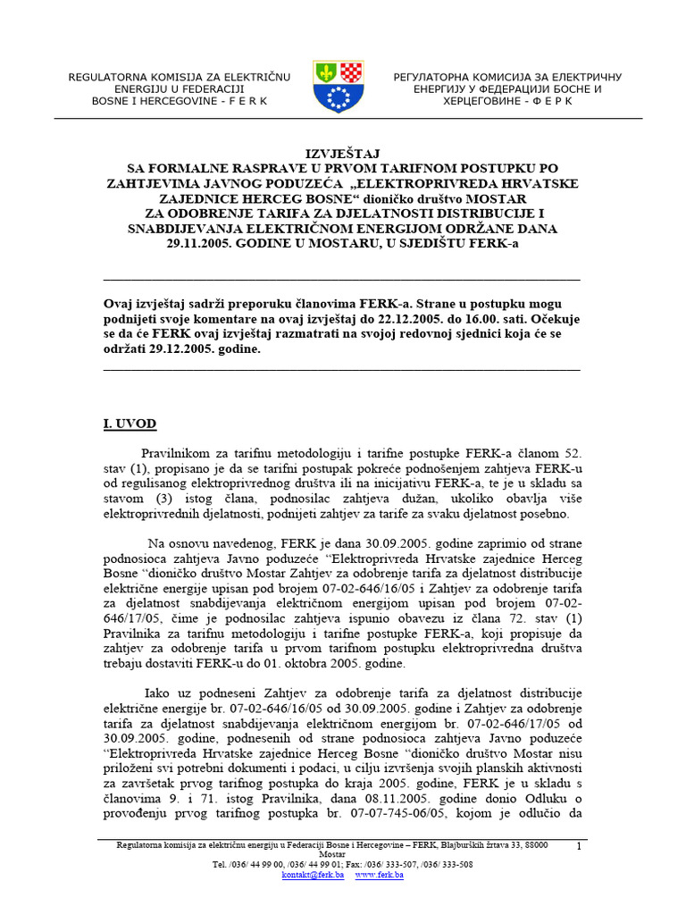 Izvjestaj Za Odobrenje Tarifa Hercegovini | PDF