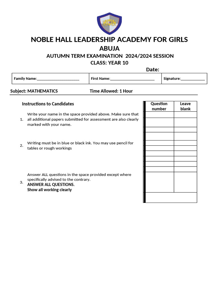 Year 10 Autumn Examination 2024 | PDF | Mathematics