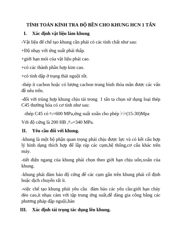 TÍNH TOÁN KỈNH TRA ĐỘ BỀN CHO KHUNG 1 TẤN | PDF