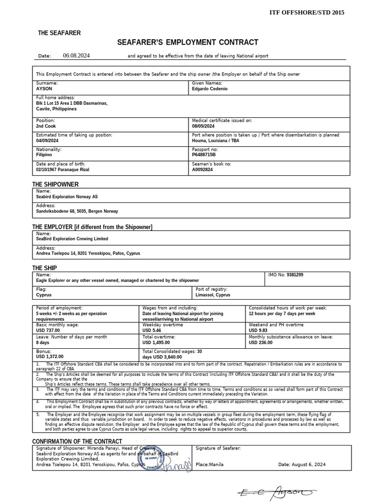 Eagle Explorer 2024 - ITF Temporary Agreement Second Cook Ayson Edgardo ...