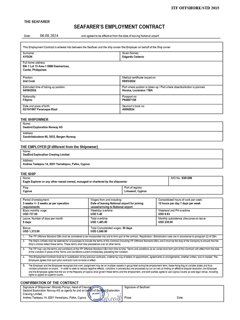 Eagle Explorer 2024 - ITF Temporary Agreement Second Cook Ayson Edgardo ...