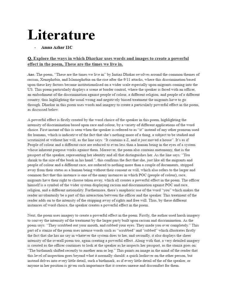 Literature Test - Amna Azhar 11C | PDF | Poetry