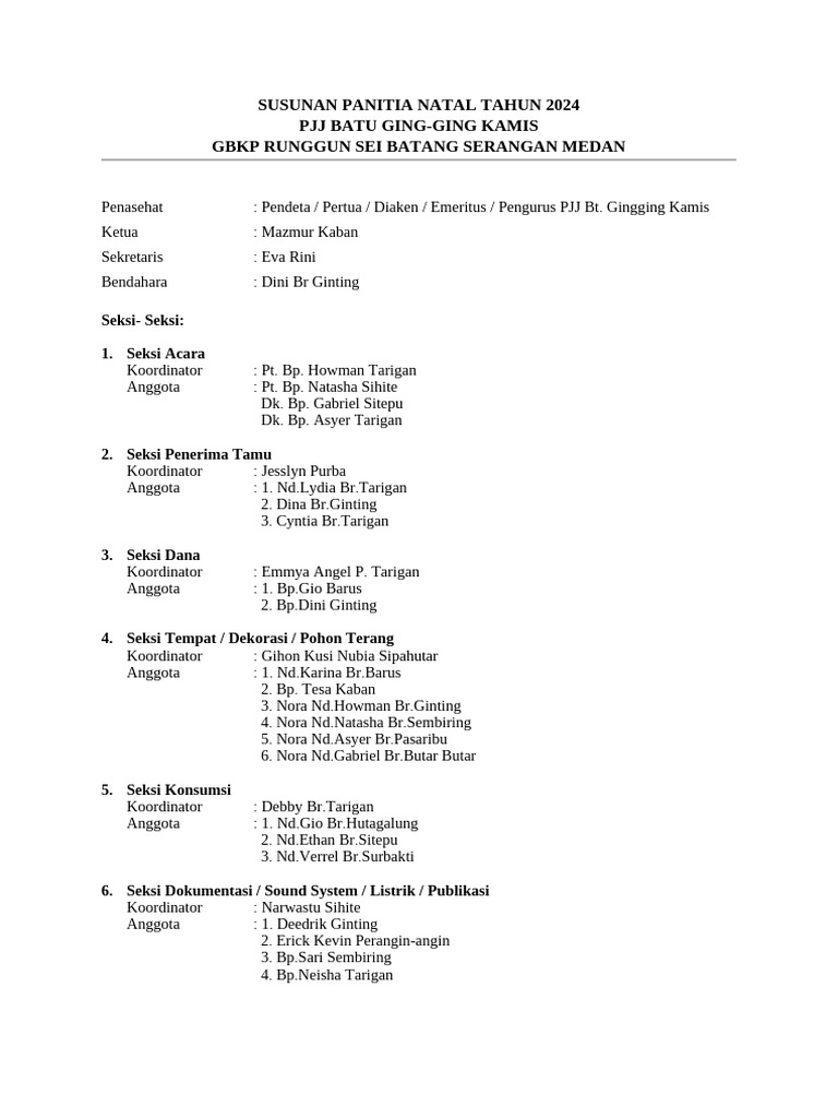 Susunan Panitia Natal Tahun 2024 | PDF