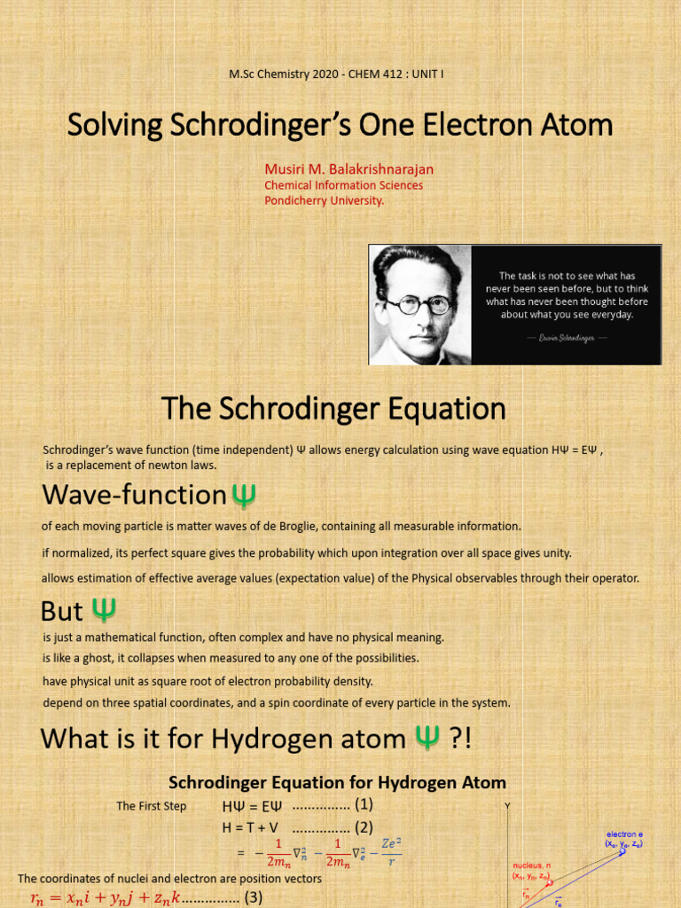 Unit 1 - Schrodingers One Electron Atom | PDF | Wave Function ...