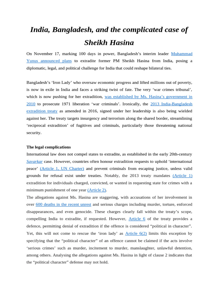India, Bangladesh and The Complicated Case of Sheikh Hasina | PDF | Extradition | Crime & Violence