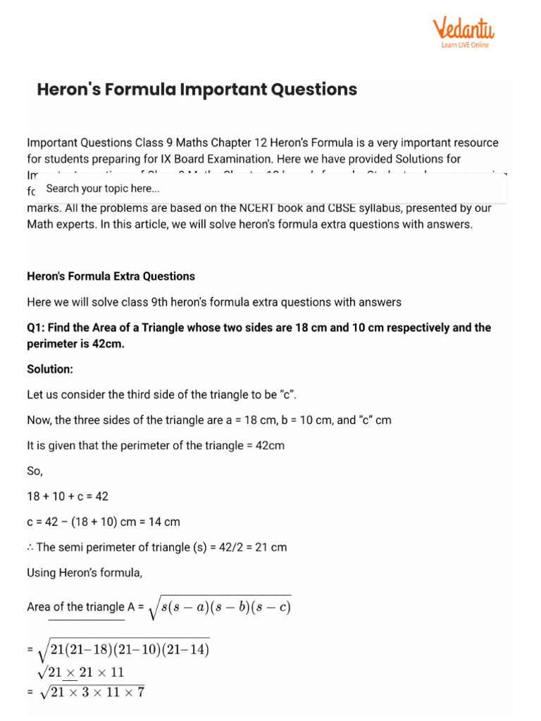 Heron's Formula Important Questions | PDF