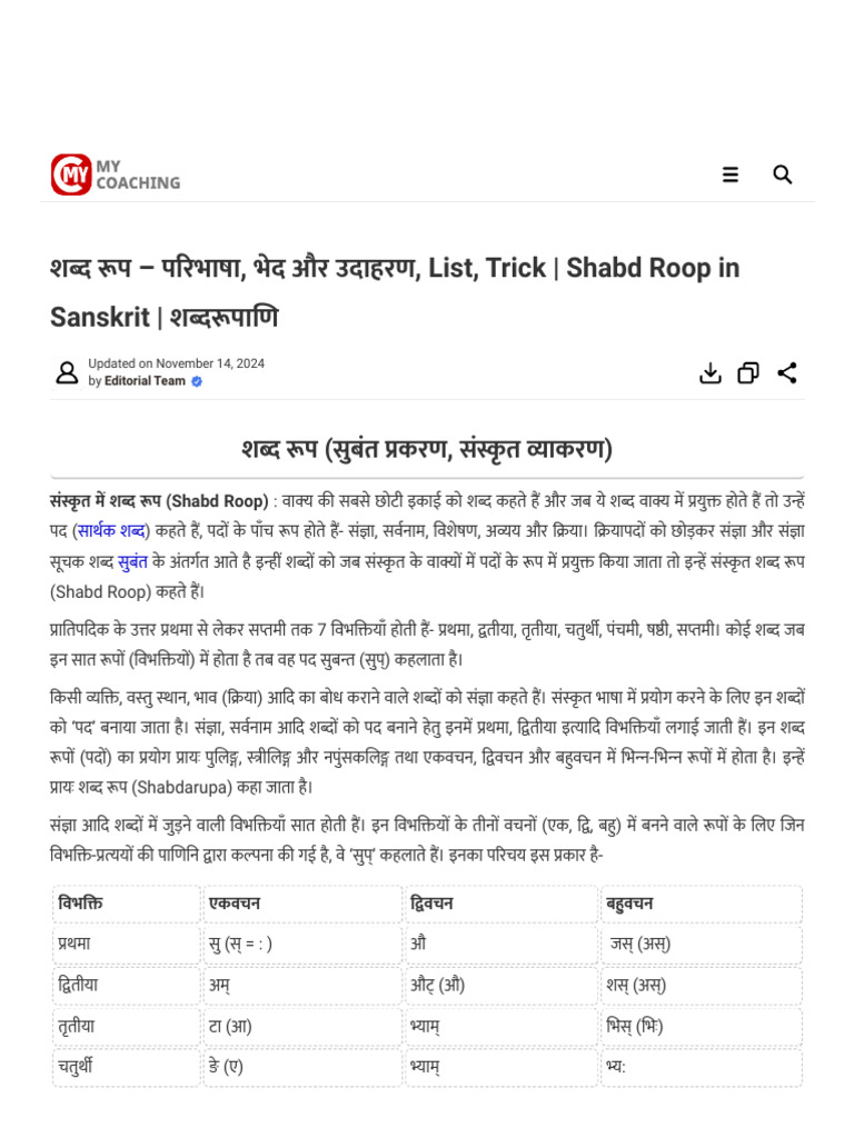 शब्द रूप - परिभाषा, भेद और उदाहरण, List, Trick - Shabd Roop in Sanskrit ...