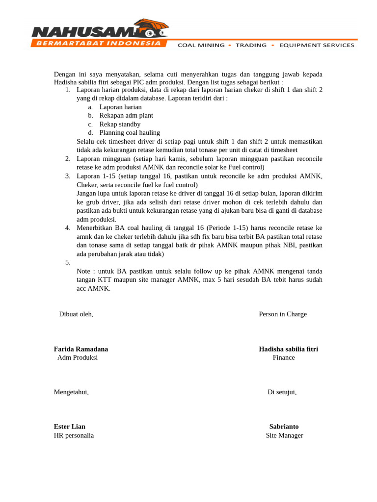 Handover Pekerjaan Adm Produksi | PDF