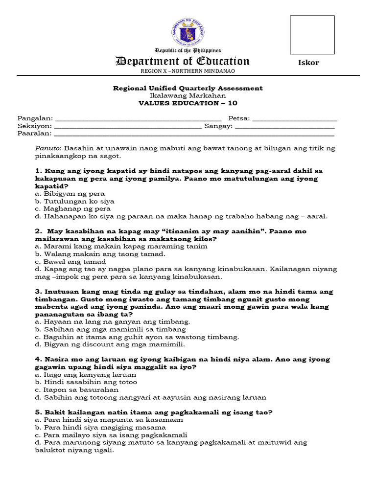 Grade 10 - Values Education 2q Ruqa Final Questions | PDF