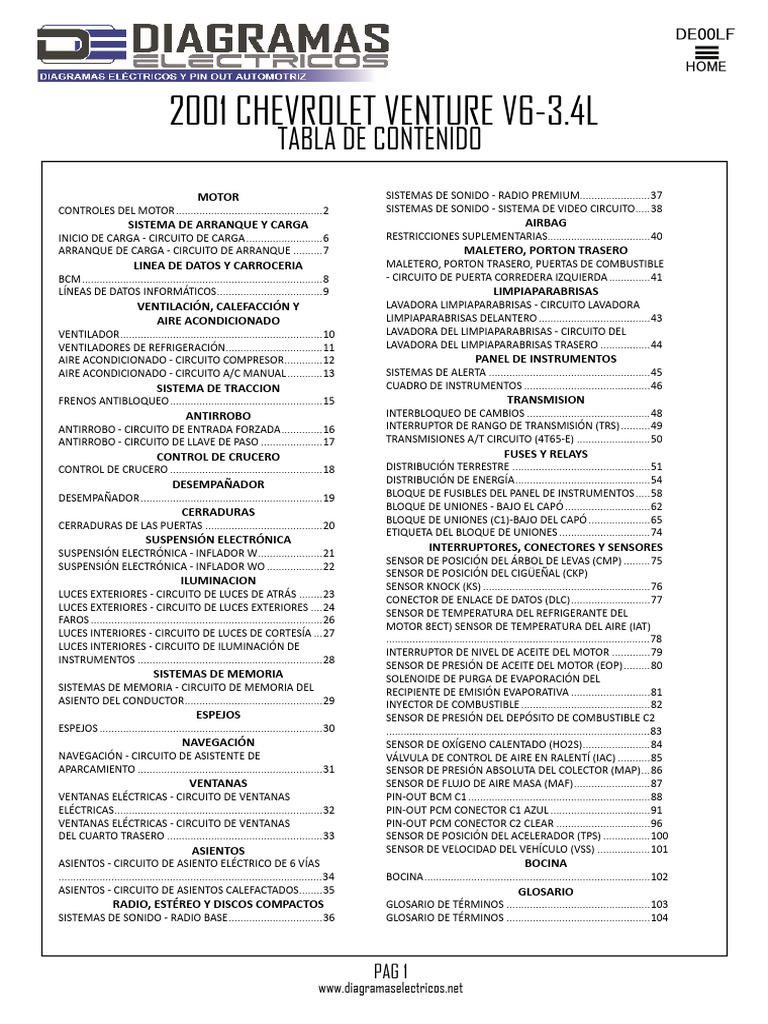 Diagrama Electrico Chevrolet Venture 2001 v6 3.4l Free | PDF | Vehículo de motor | Industria ...