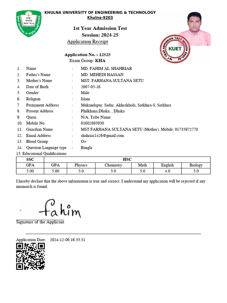 KUET Admission Receipt 2024-25 | PDF