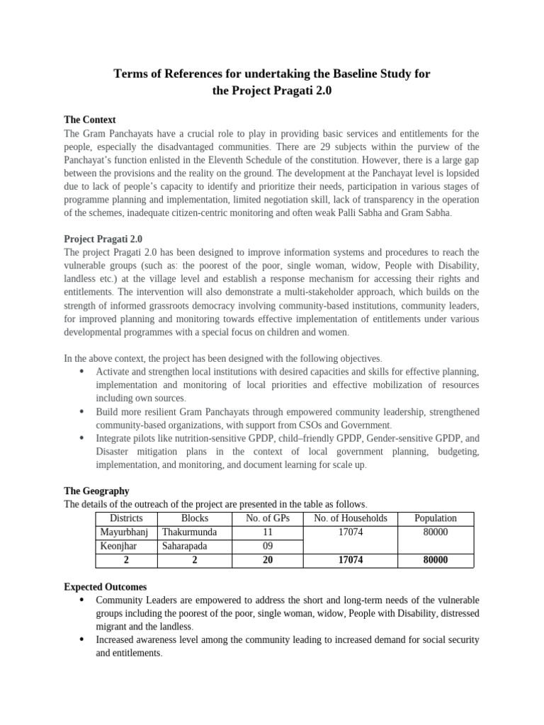 TOR For The Baseline Study - Project Pragati 2.0 | PDF