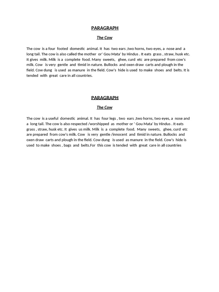 Paragraph: The Cow | PDF
