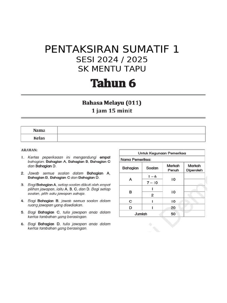 Ujian Sumatif 1 BM Tahun 6 | PDF