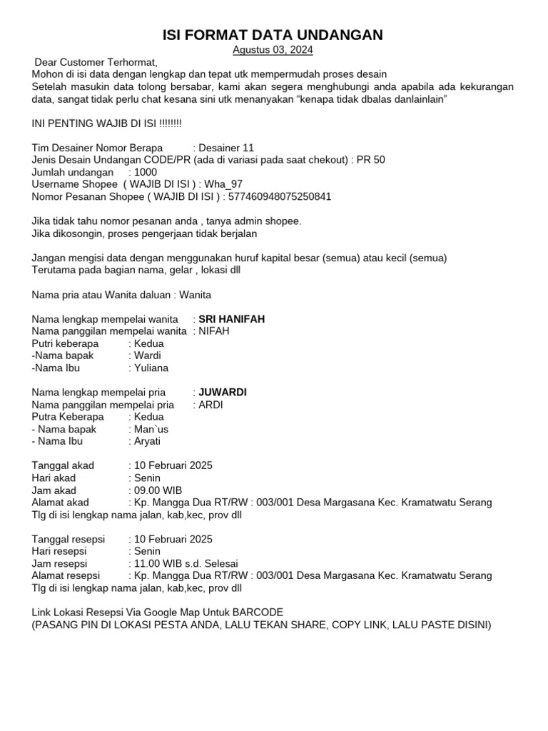 Data Undangan Pernikahan Lengkap | PDF