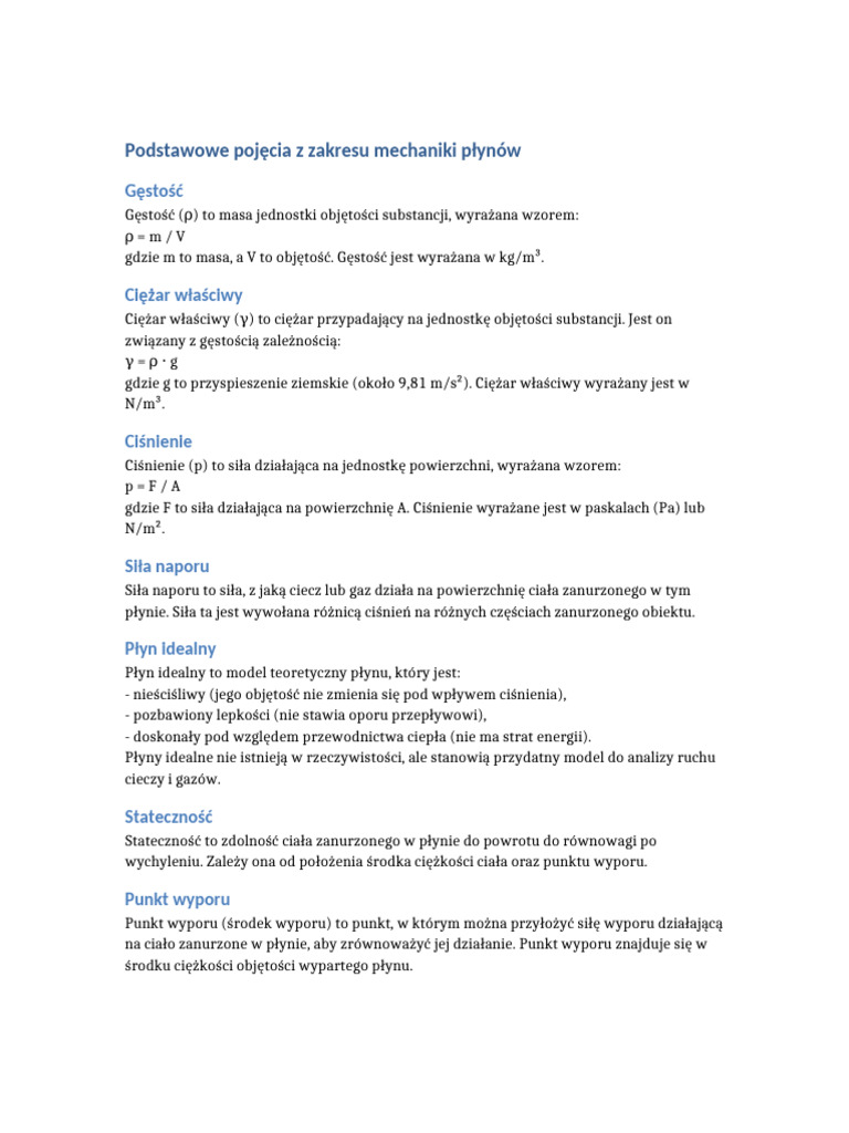 Podstawowe Pojecia Mechanika Plynow | PDF