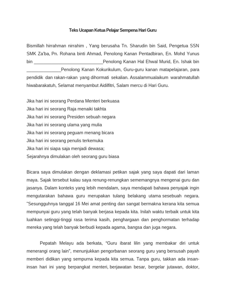Teks Ucapan Ketua Pelajar Sempena Hari Guru | PDF