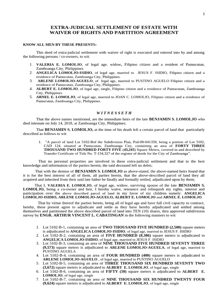Extra-Judicial Estate Settlement Agreement | PDF | Property Law | Civil Law (Common Law)
