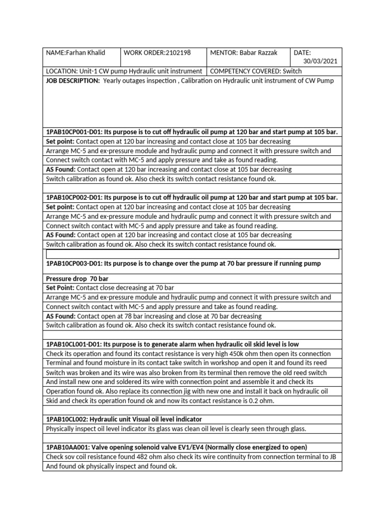 Unit 1 CW Pump Hyd Unit | PDF | Switch | Pump