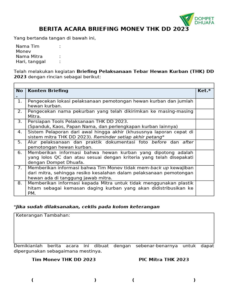 BERITA ACARA BRIEFING MONEV THK DD 2023 | PDF