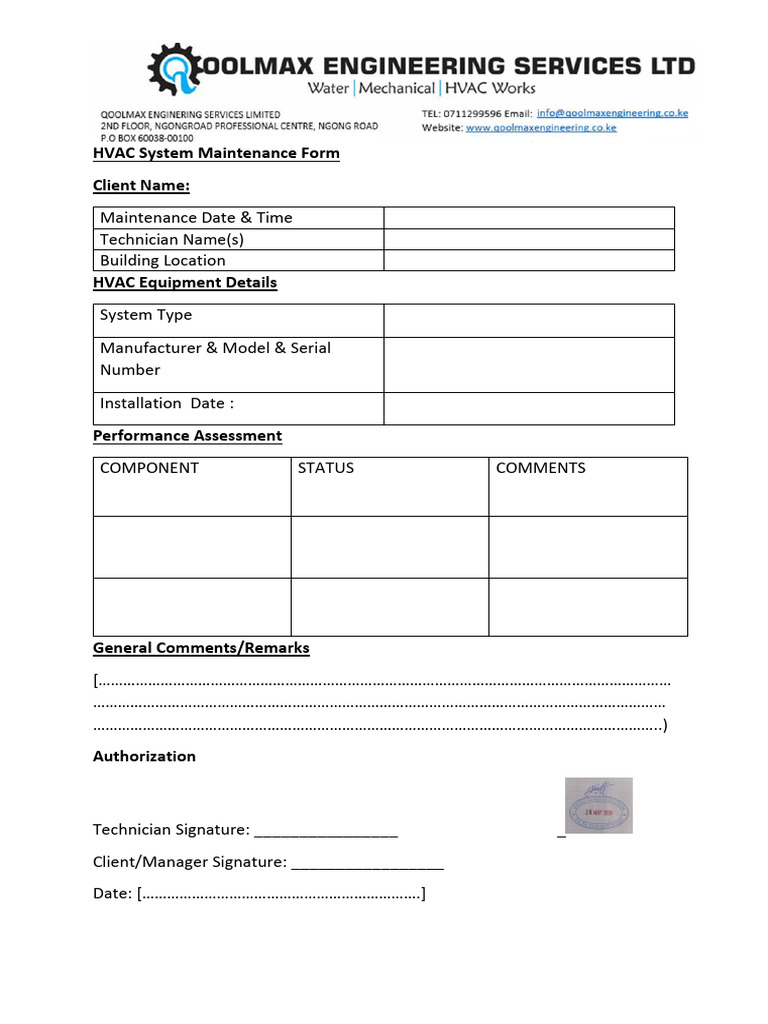 HVAC Maintenance Form Template | PDF