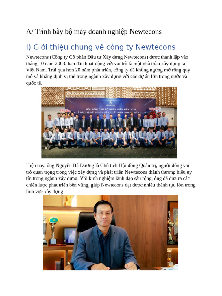 I) Giới thiệu chung về công ty Newtecons: A/ Trình bày bộ máy doanh ...