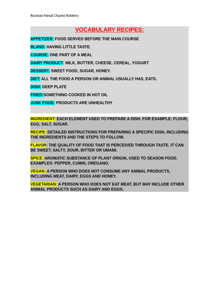 Vocabulary Recipes | PDF