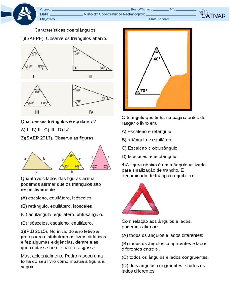 Atividade Características Dos Triângulos 7º Ano | PDF | Triângulo | Formas geométricas