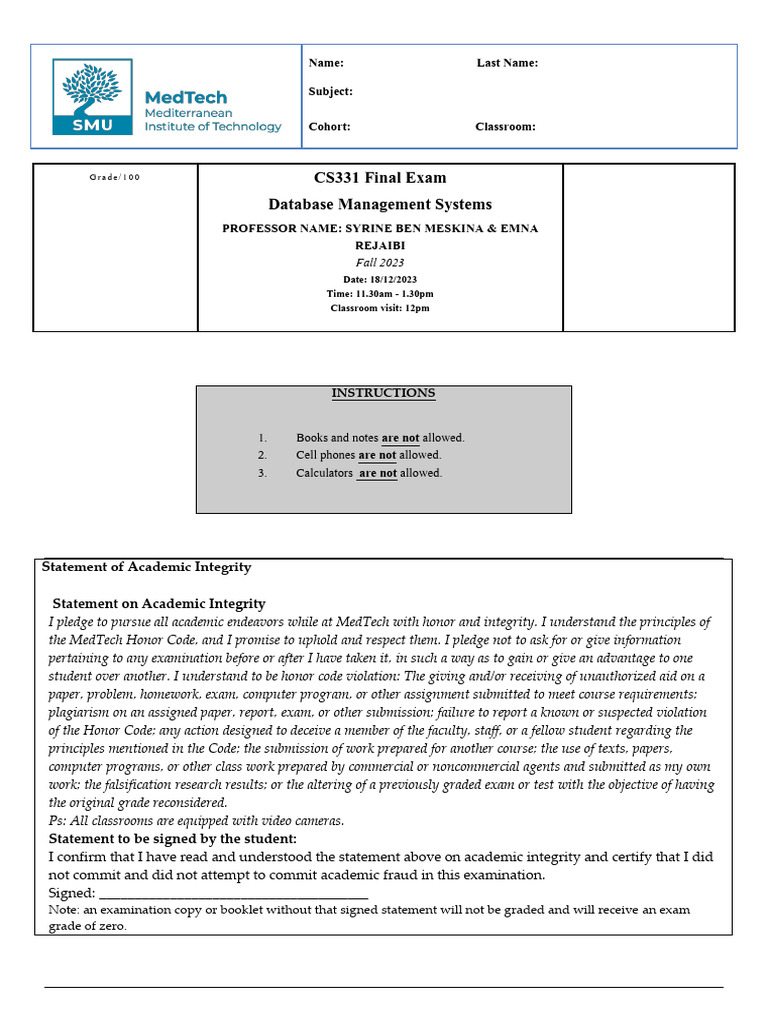 CS331 Database Management Exam 2023 | PDF | No Sql | Information Technology