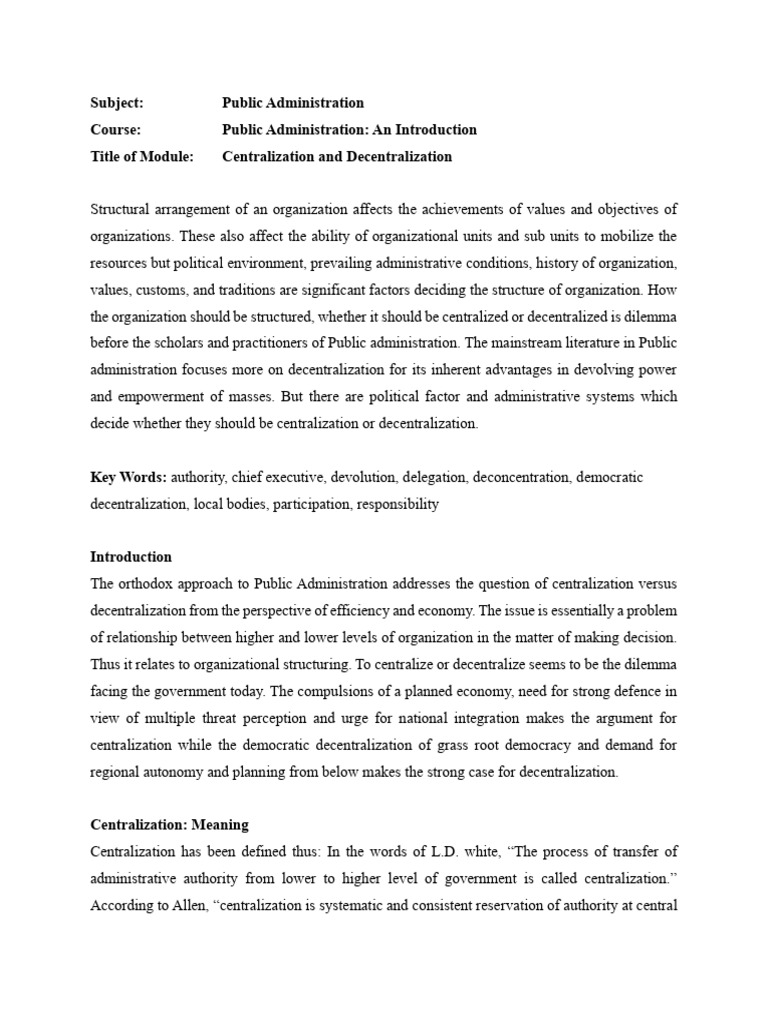 Centralization and Decentralization | PDF | Decentralization | Public Administration