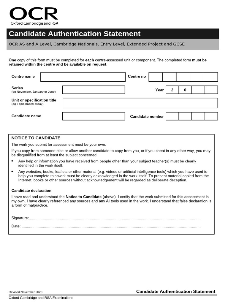 Candidate Authentication Statement Form | PDF