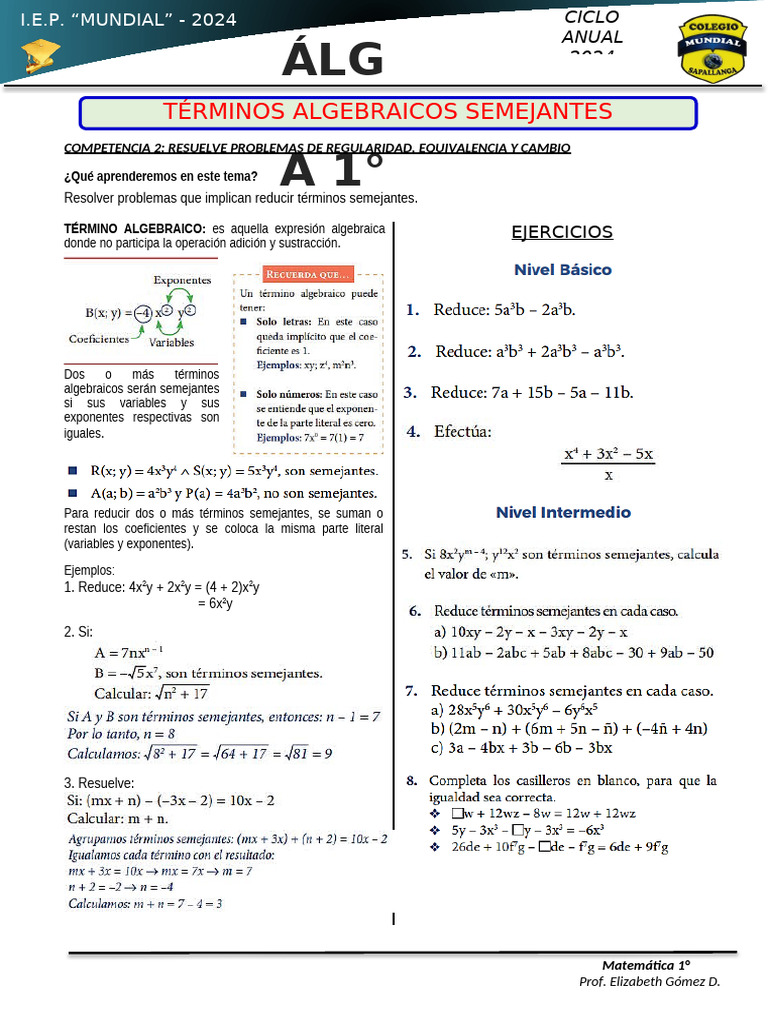 P1 TÉRMINOS ALGEBRAICOS SEMEJANTES 1° | PDF