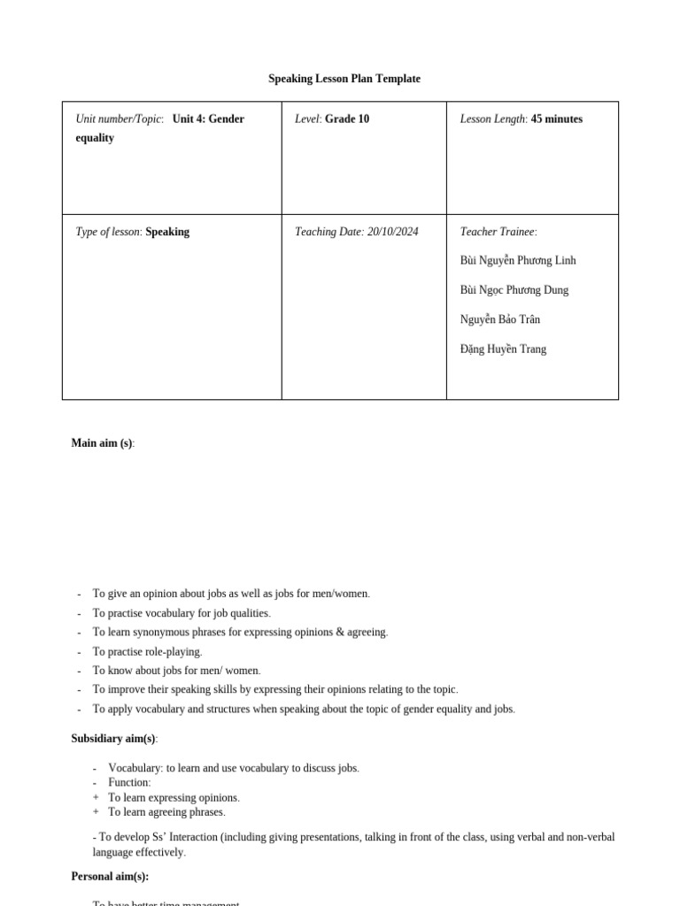 Speaking Lesson Plan Template | PDF | Adjective | Human Communication