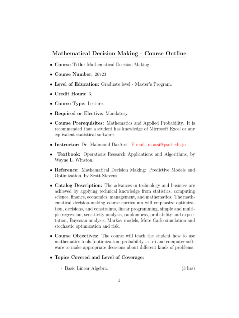 Mathematical_Decision_Making_Course_outline | PDF | Mathematics | Mathematical Optimization