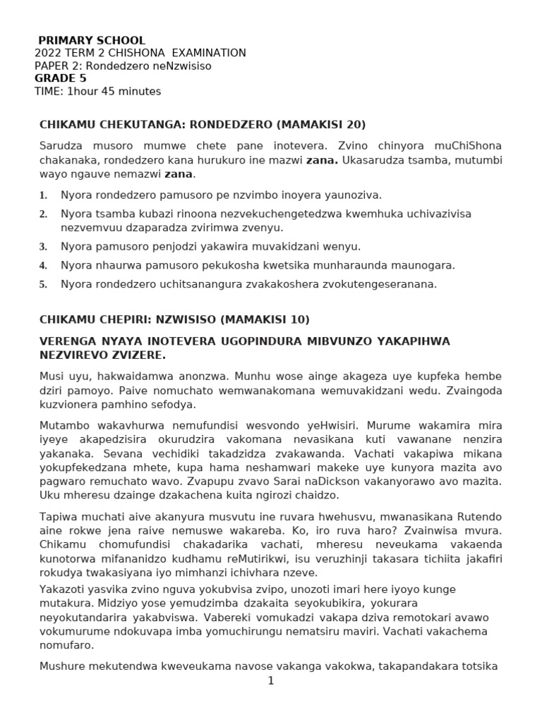 2022 Term 2 Grade 5 Chishona Paper 2 | PDF