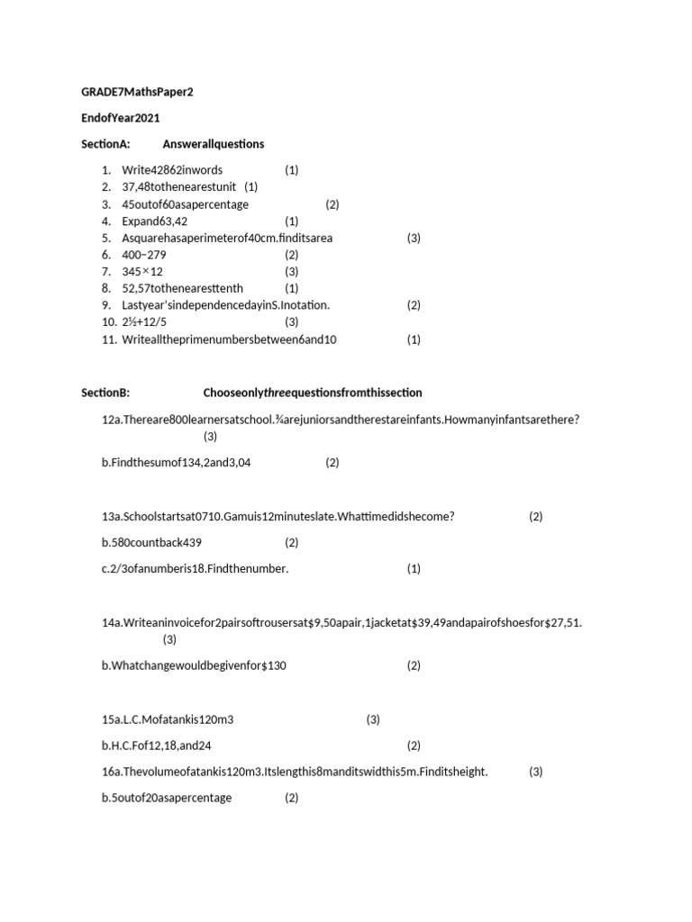 Grade 5 Maths Paper 2-1 | PDF