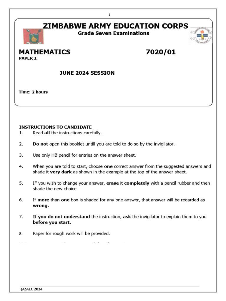 Zaec Maths Paper 1 Final | PDF | Mathematics