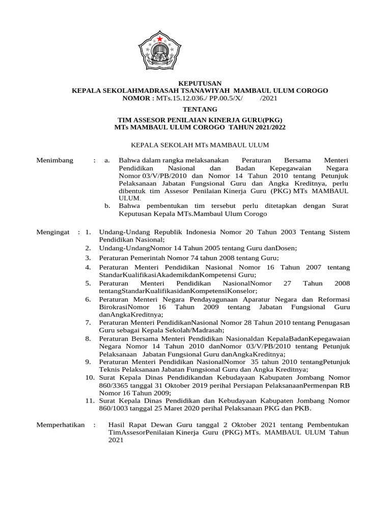 SK TIM ASESOR PENILAIAN kamad ke guru ( supervisi ) 2021 OK - BULAN OKTOBER | PDF