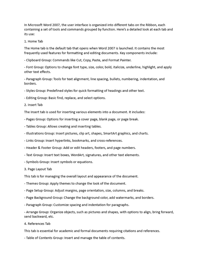 Overview of MS Word 2007 Tabs | PDF | Microsoft Word | Software